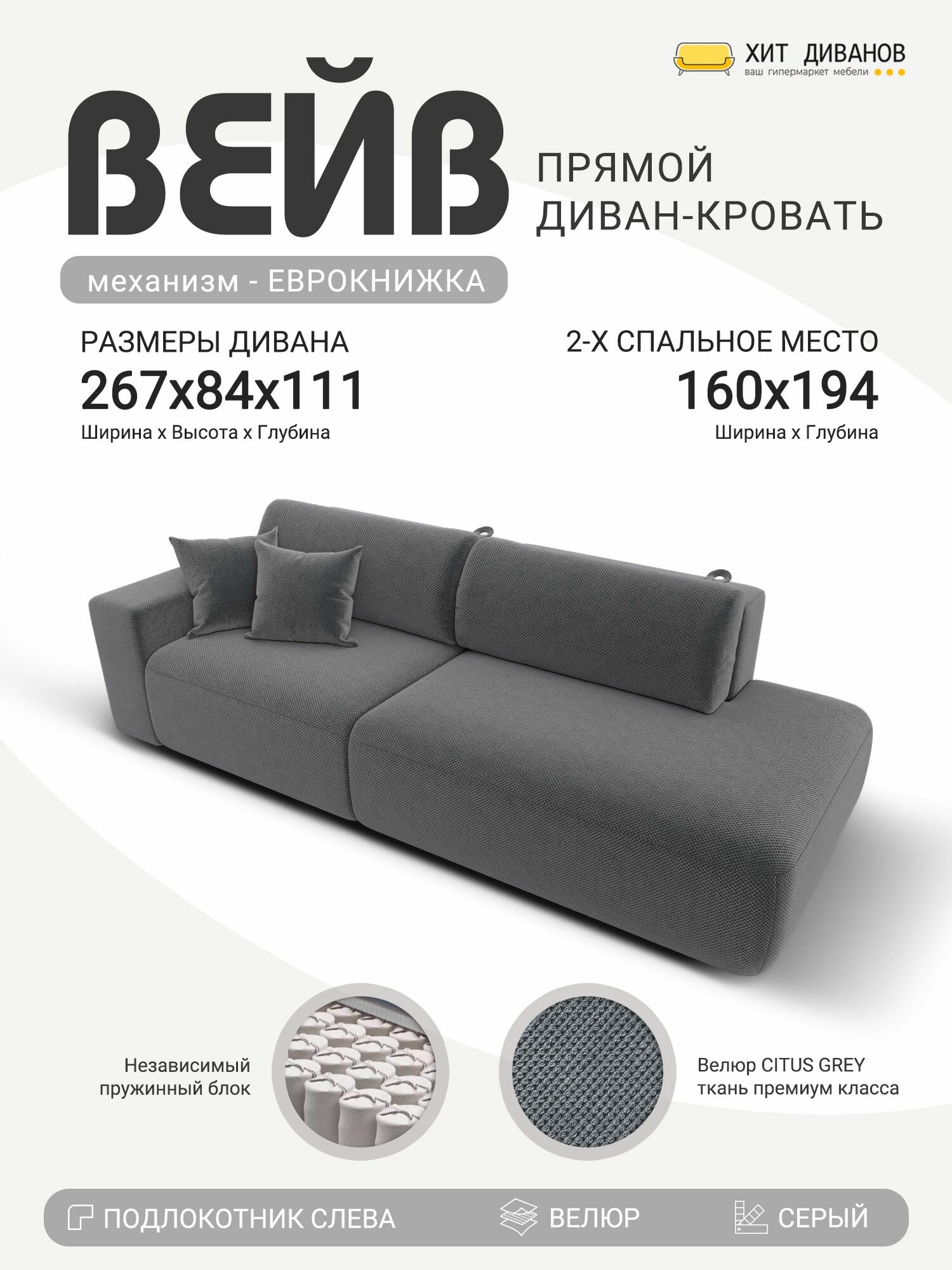 Диван прямой Лига-036 Велюр CITUS GREY (Вейв) НПБ Модерн Премиум левый угол