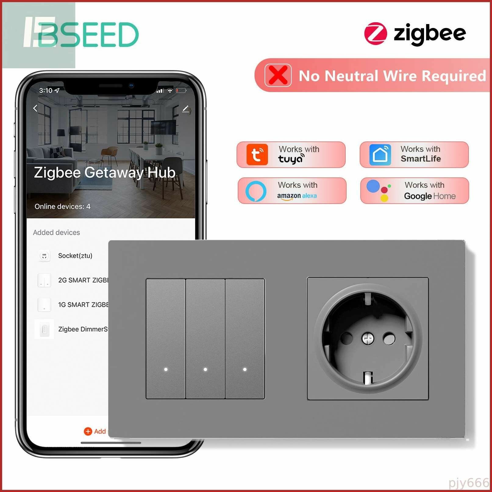 Умный выключатель Без нуля c Алисой, Легко нажать, ZIGBEE, 2 поста (3+1 розетка ), пластиковая рамка, 157mm