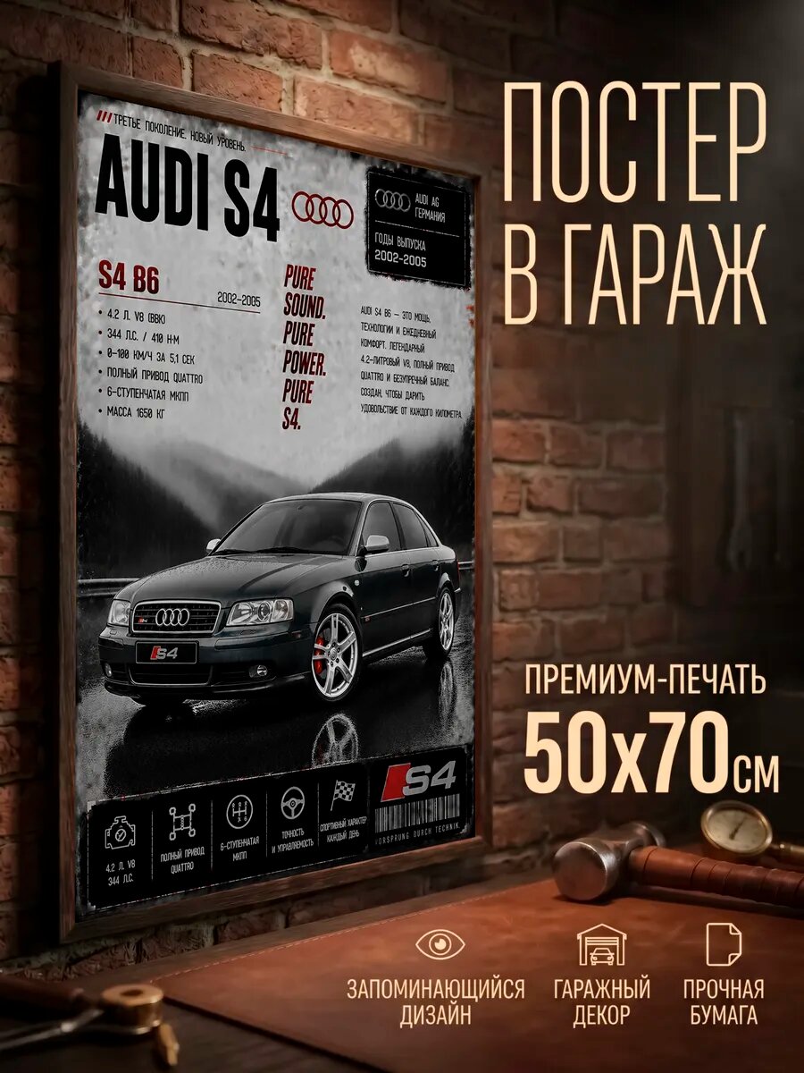 Постер на стену большой 50*70 без рамки авто Ауди S4 В6