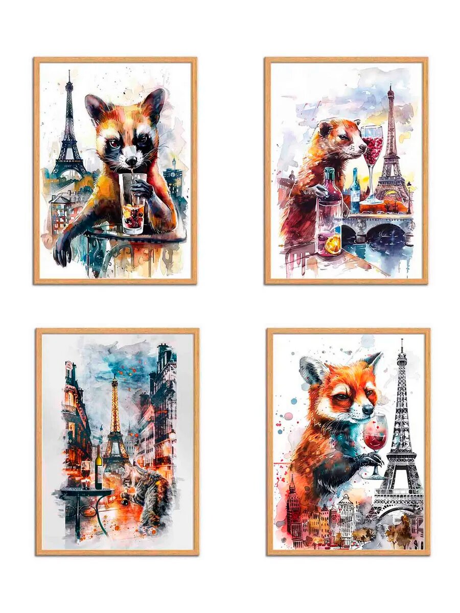 Животное куница Пьет Вино, 4 Плаката, 30x21см