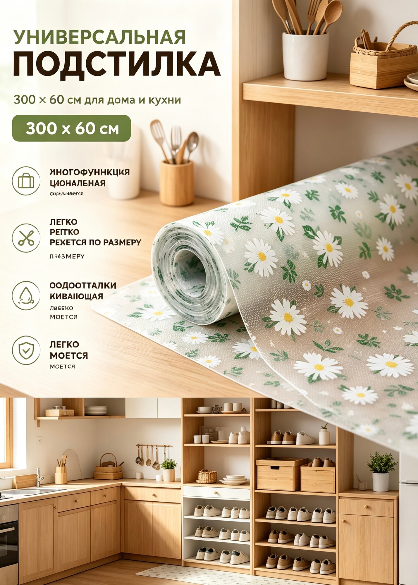 Коврик для кухонных полок, ящиков, холодильника, 300 см х 60 см