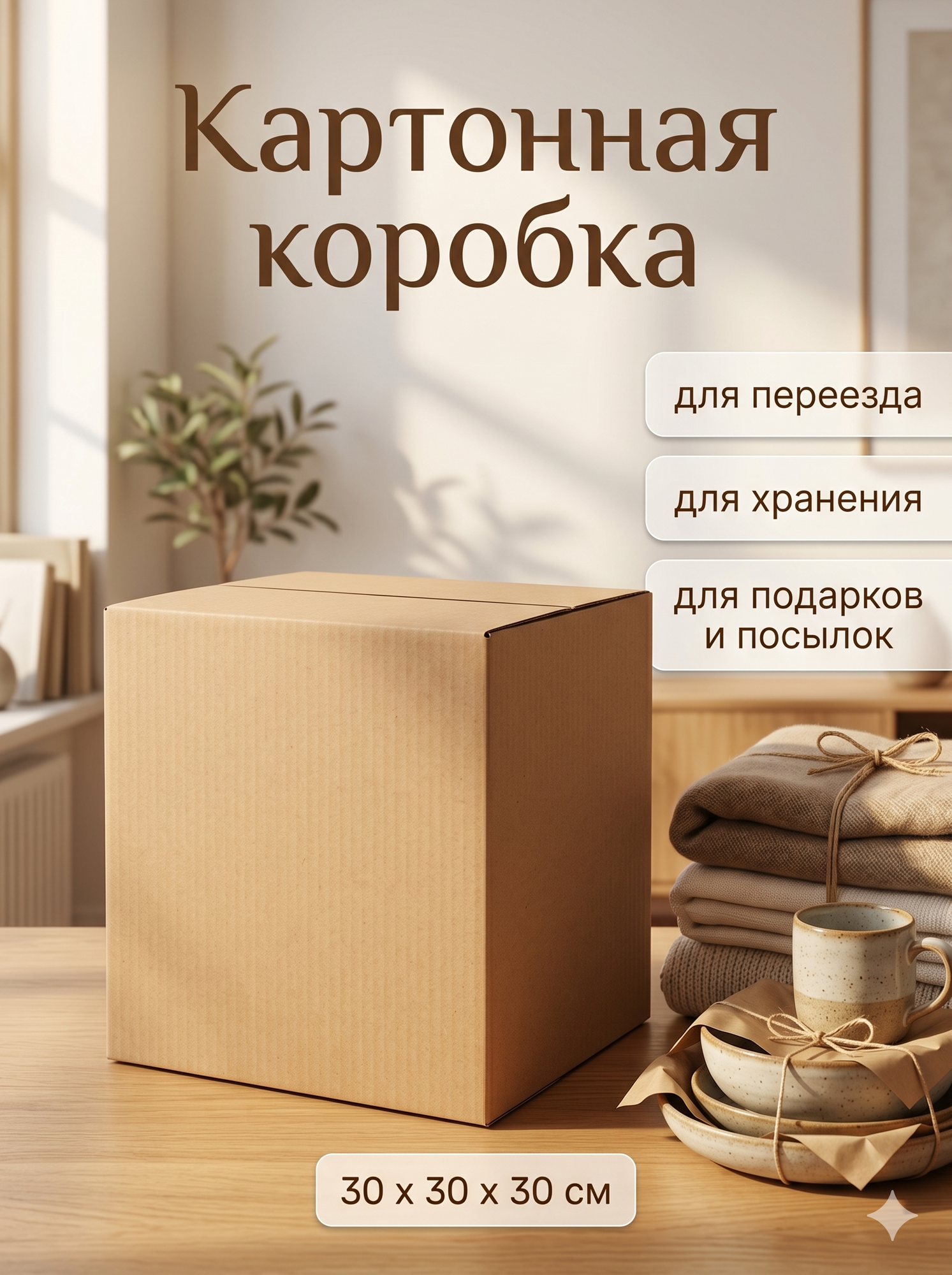 Коробка складная картонная, бежевая, 30×30×30 см, для хранения и переезда