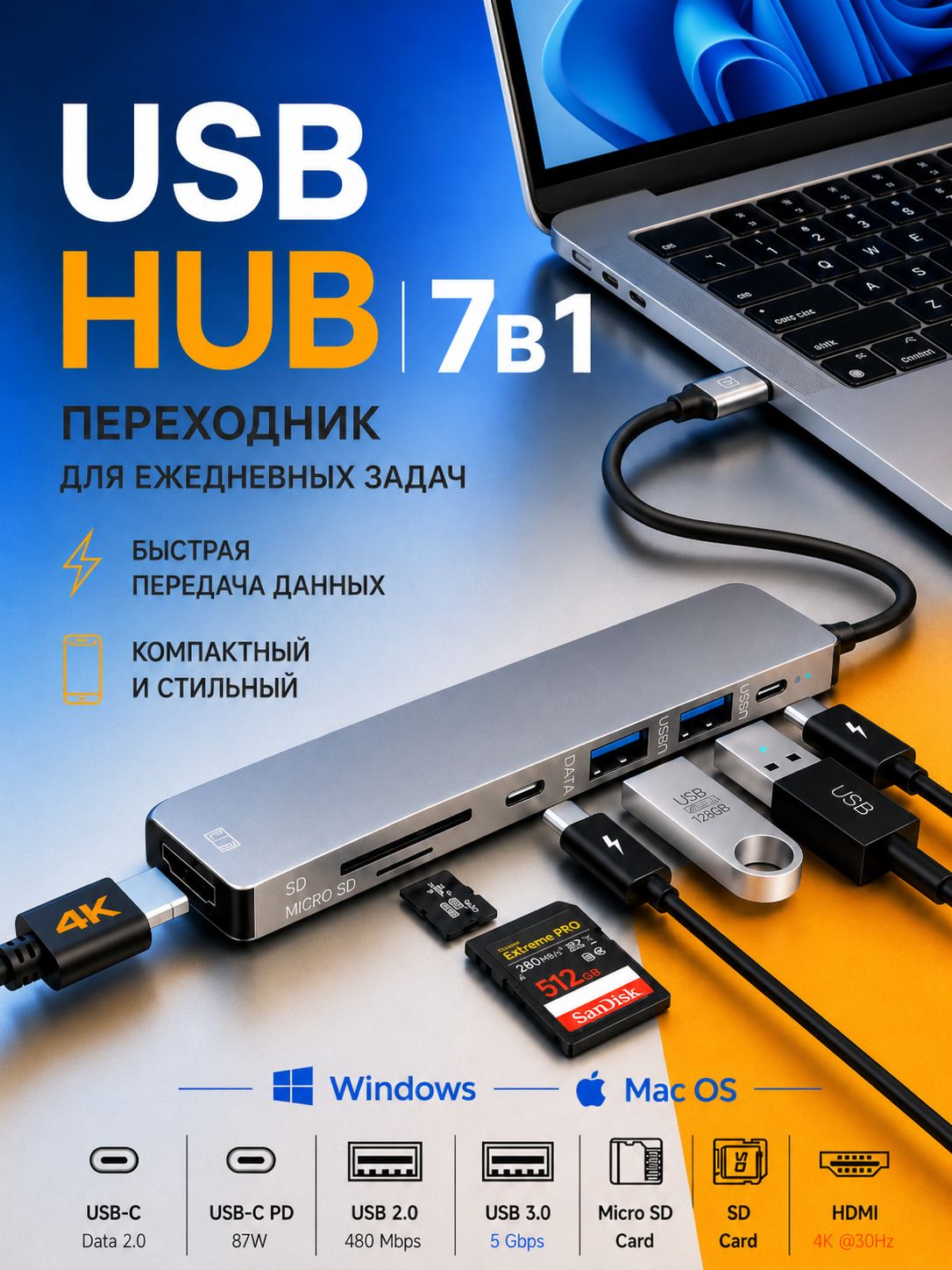 USB Hub, переходник для macbook, разветвитель 7 В 1 , переходник hdmi type c