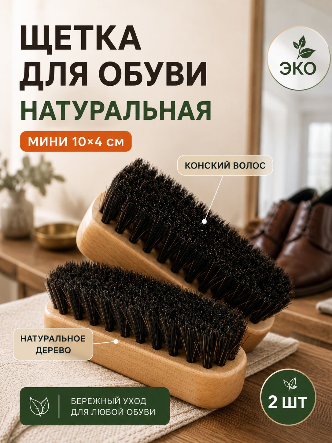 Щетка для обуви и одежды натуральная мини 2 шт