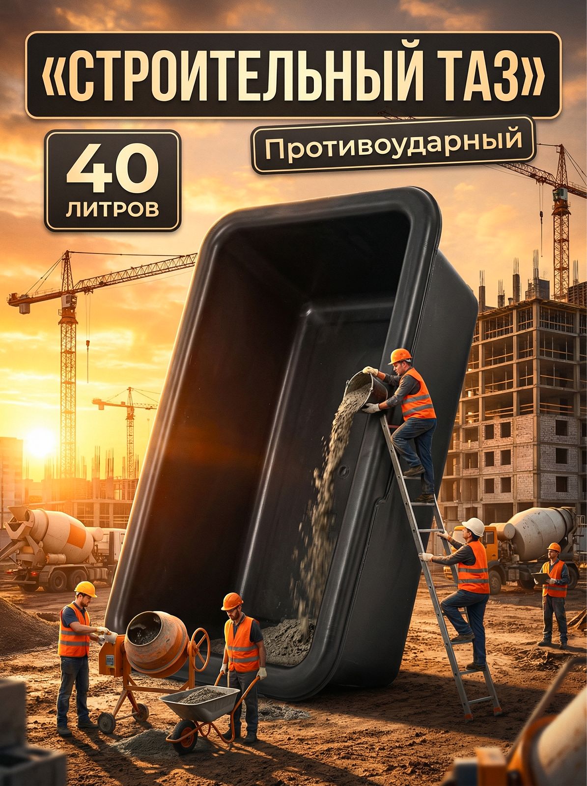 Таз ударопрочный 40 л, прямоугольный, строительный.