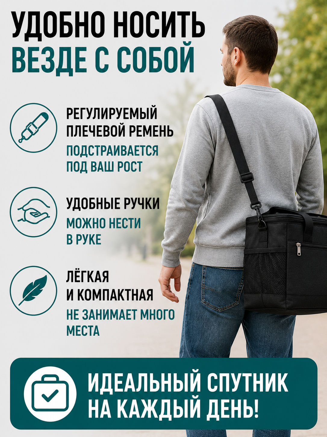 Термосумка холодильник водонепроницаемая 15 литров, сумка для еды и продуктов, с ремнем, черная — фото 1