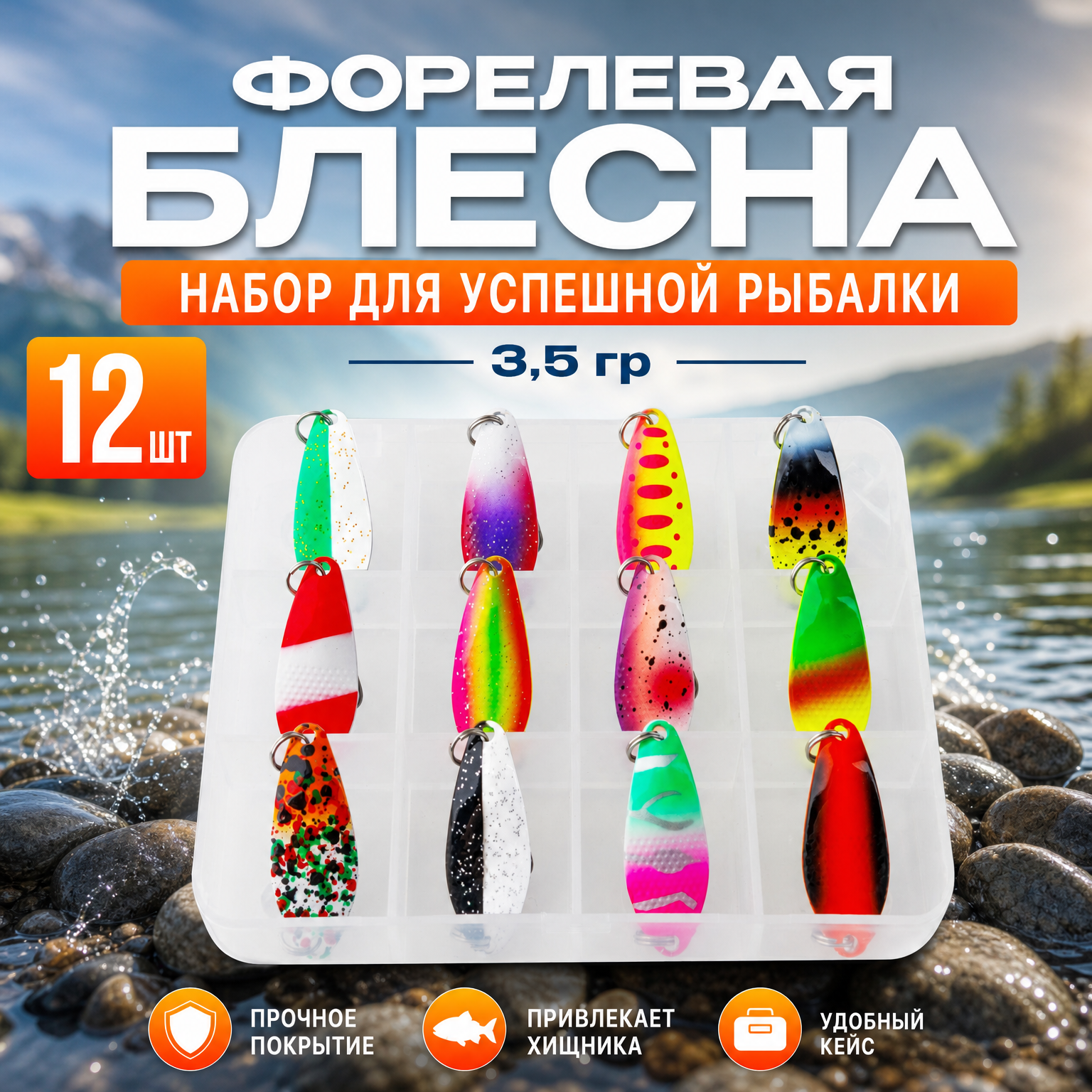 Форелевая блесна колебалка набор для успешной рыбалки 12 шт. (3,5 гр, в кейсе)