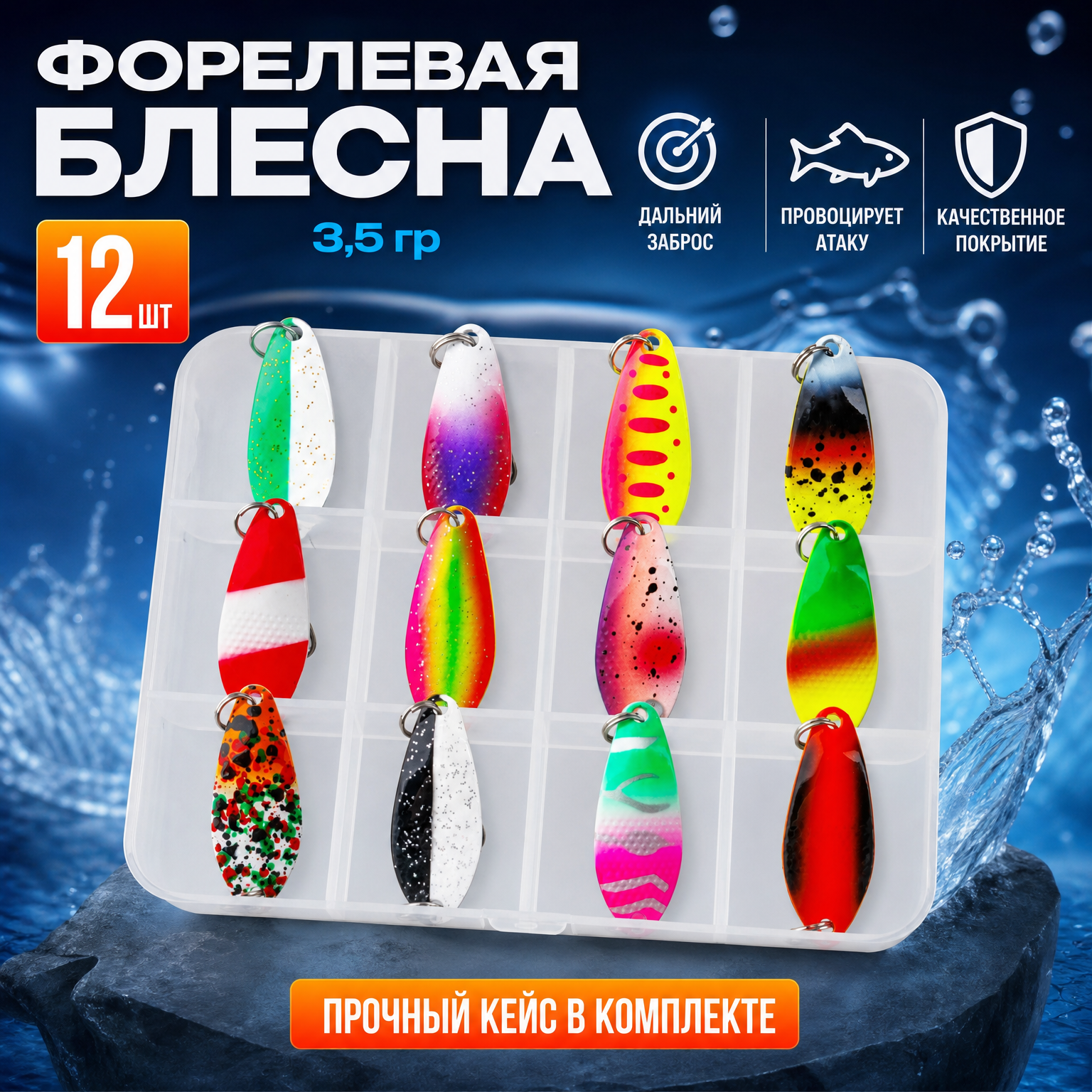 Форелевая блесна колебалка для рыбалки набор в кейсе 3,5 гр, 12 шт. (далёкий заброс, провоцирует атаку, качественное покрытие)