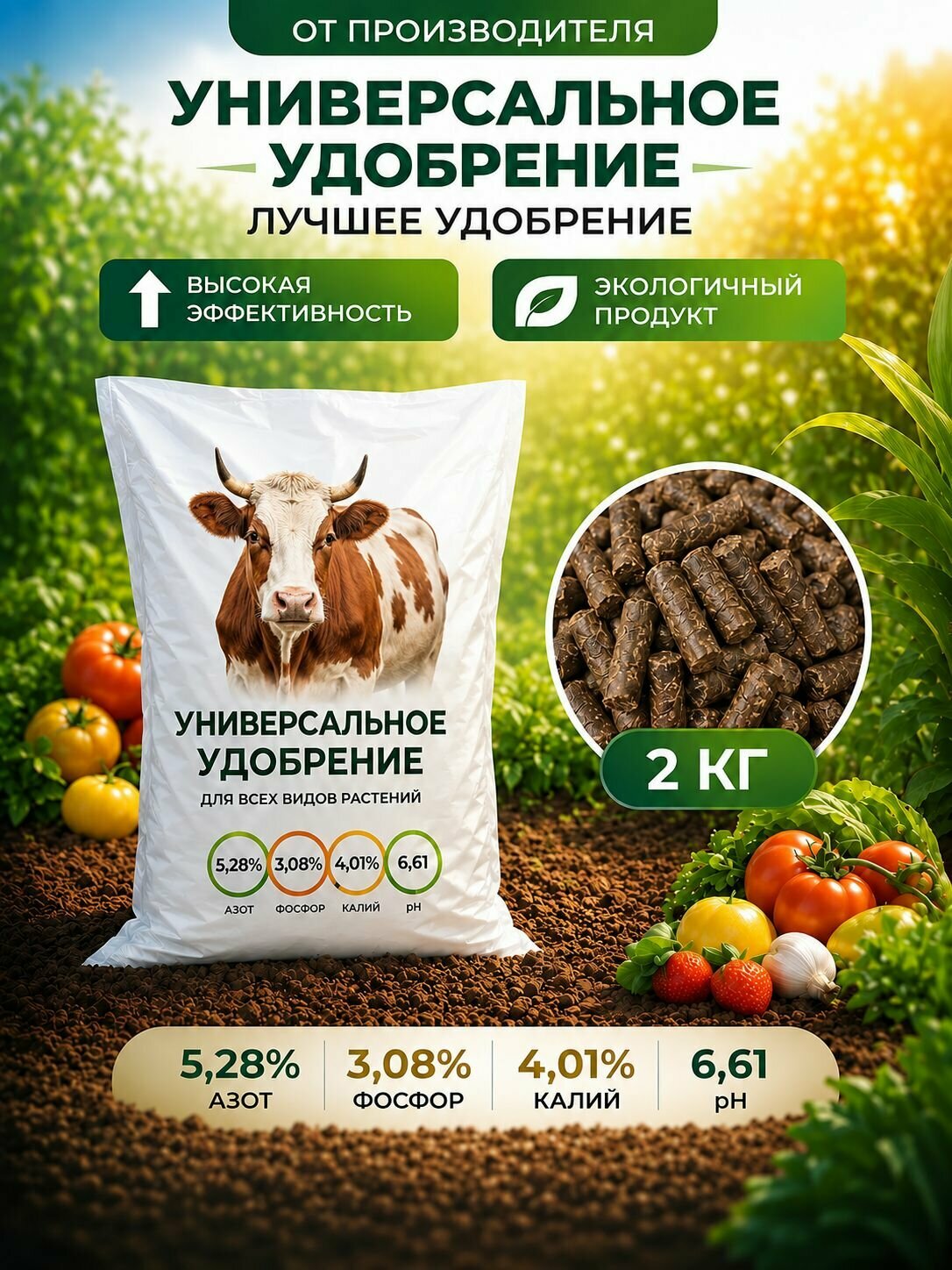 Удобрение коровье в гранулах универсальное для растений и почвы 2 кг природное