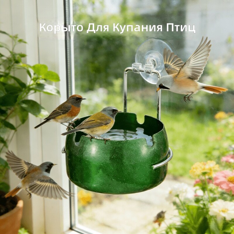 Поилка для птиц из нержавеющей стали для садовых птиц и попугаев с креплением на плитку и стекло, зеленая, без батареек