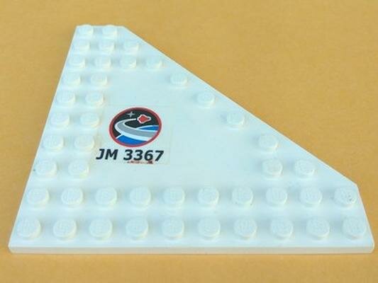 Деталь Lego 92584pb001R Wedge, Plate 10 x 10 Cut Corner with no Studs in Center with Space Center Logo and 'JM 3367' Pattern Model Right Side (Sticker) - Set 3367