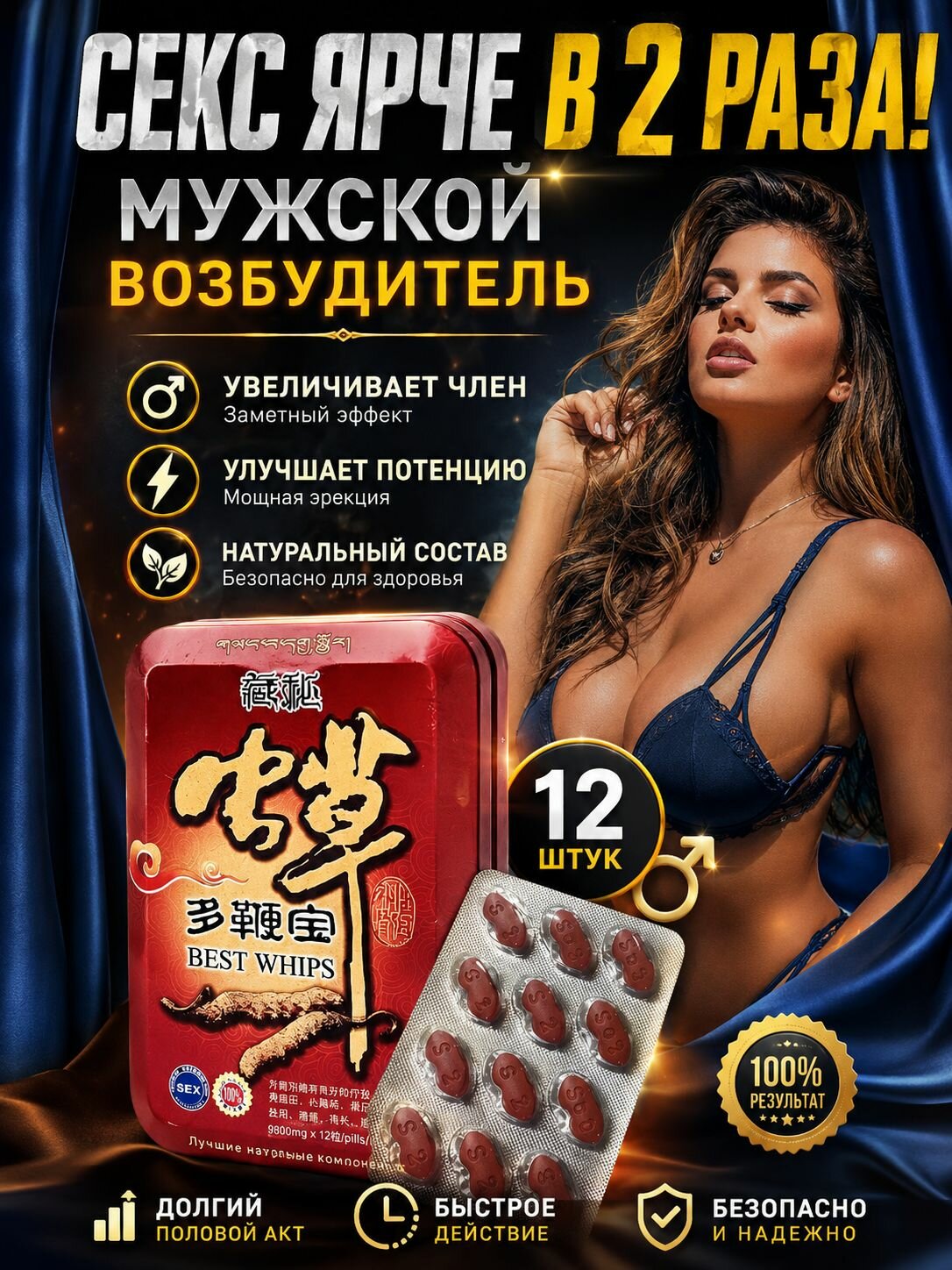 Best Whips Возбудитель Афродизиак, таблетки для потенции, мужской возбудитель 12 шт