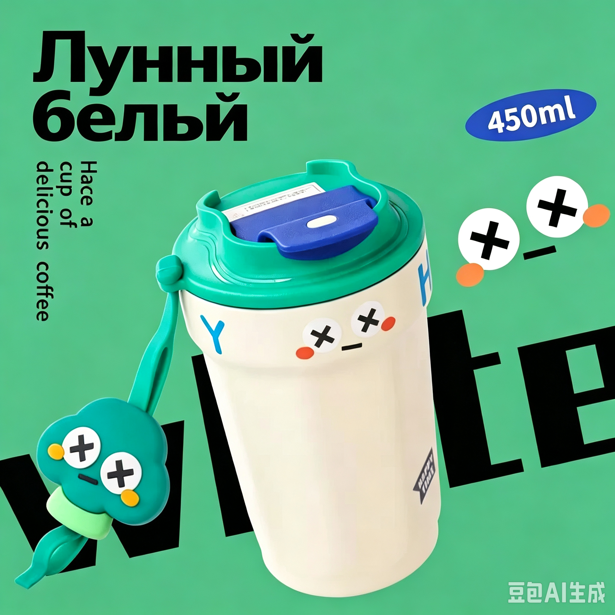 Термокружка для кофе сливочно-белый с ремешком и игрушкой, 450мл Симпатичная чашка для воды