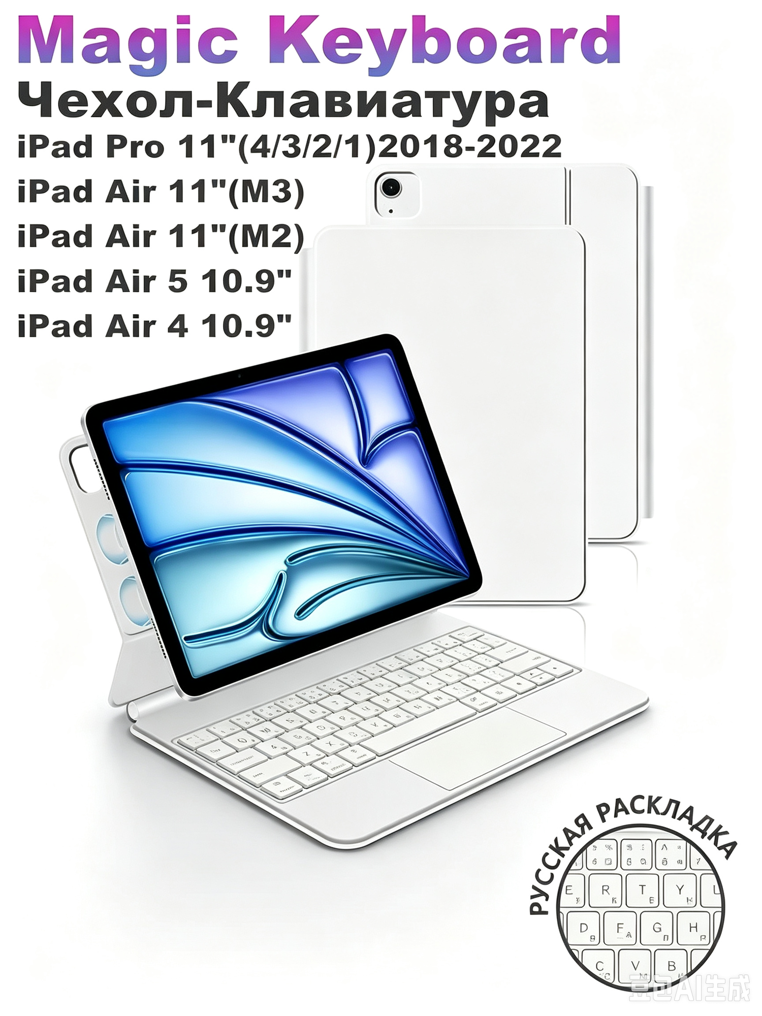 Чехол-Клавиатура для iPad Air 11 M3 (2025) M2 iPad Pro 11" (2018-2022) Air 4 5 6 Magic Keyboard RU белая