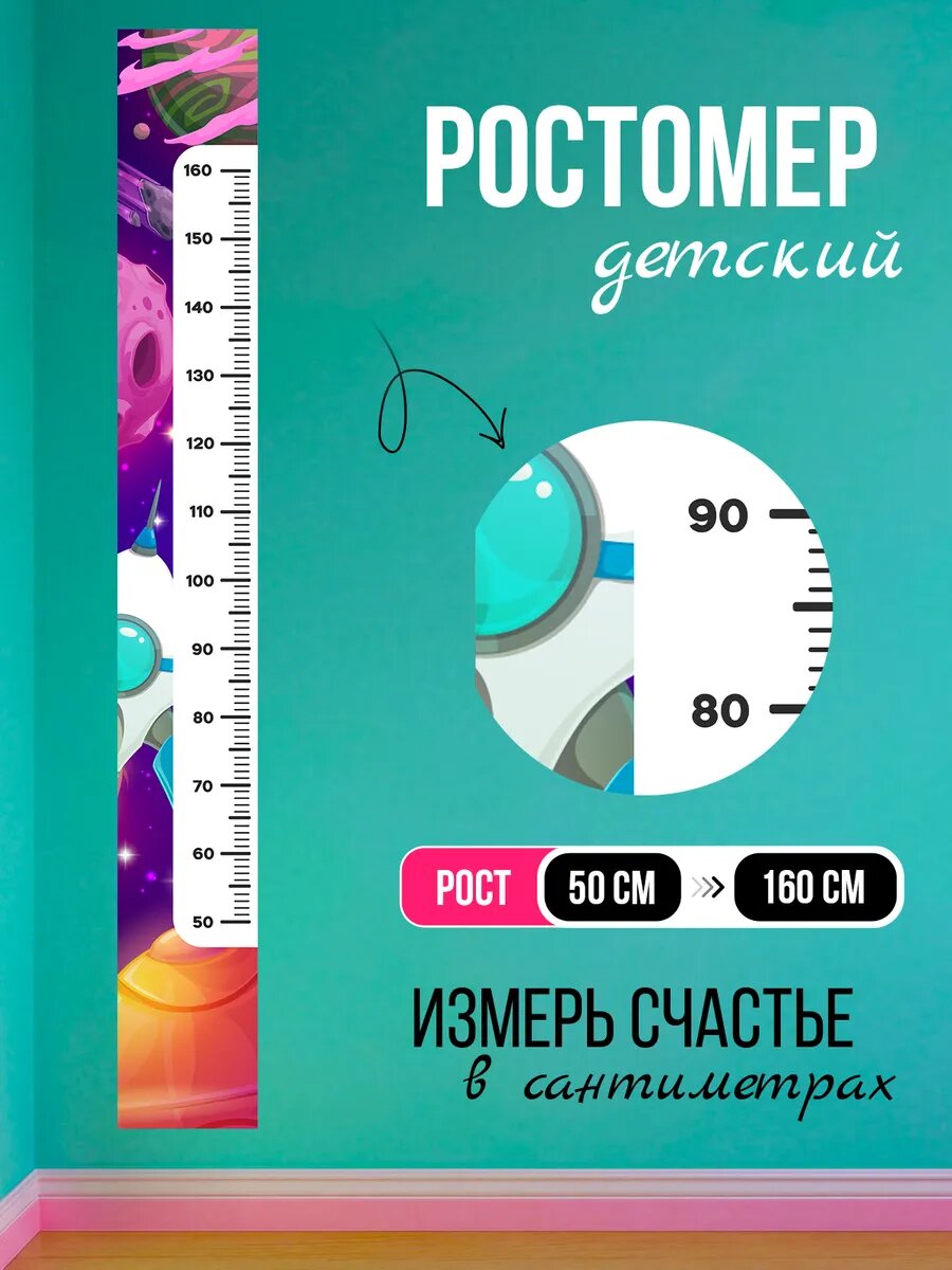 Детская наклейка ростомер на стену Космос 20х160 см
