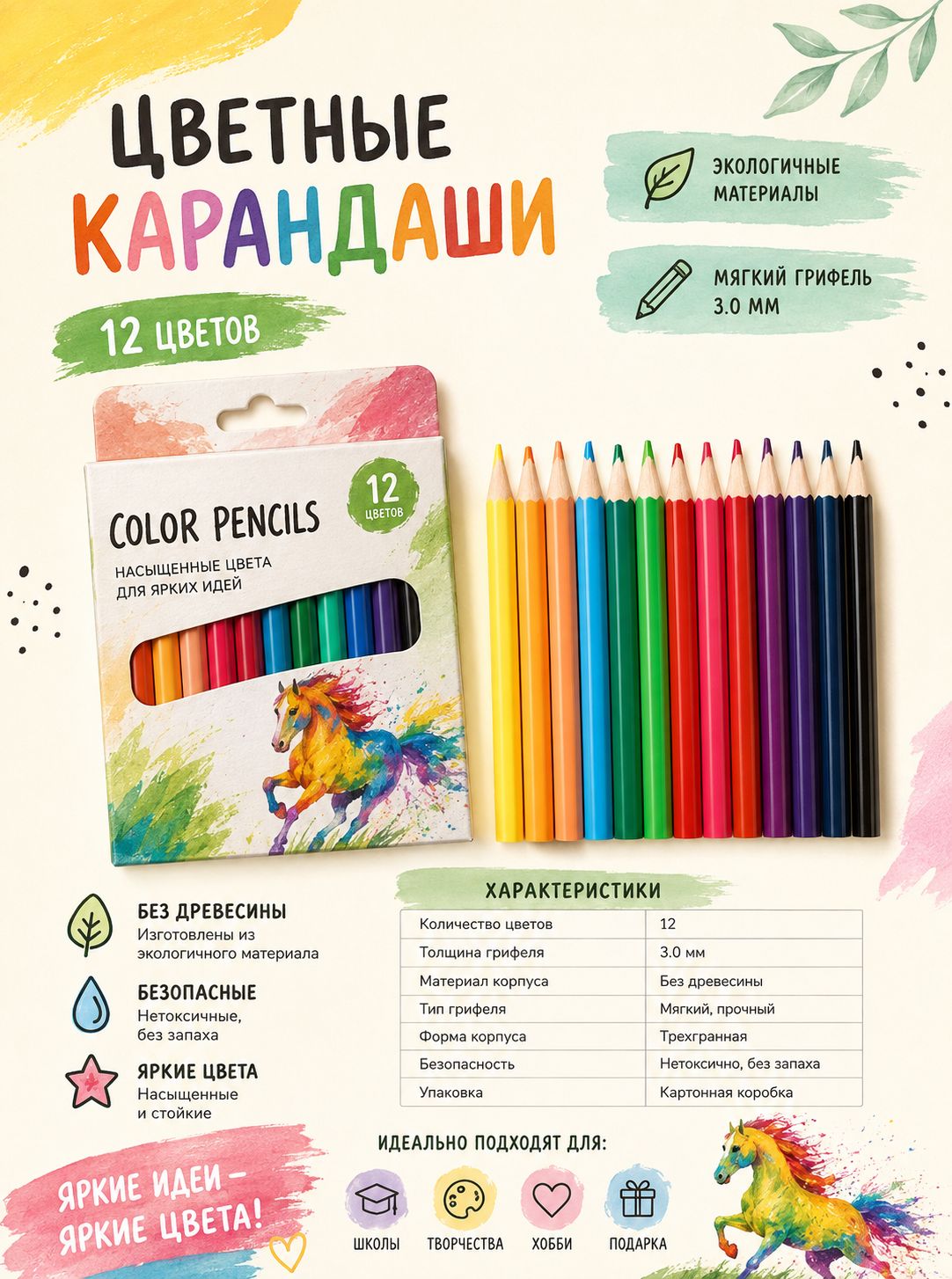 Карандаши цветные мини 12 цветов