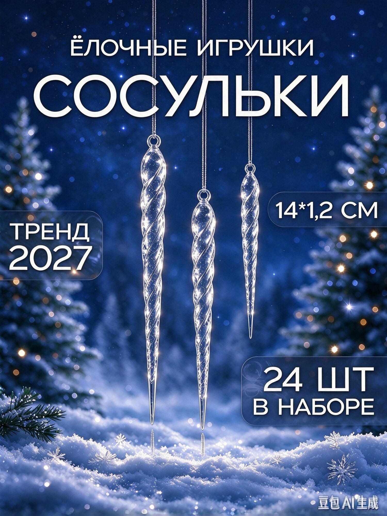 Елочная игрушка 14 см сосулька прозрачный 24 шт