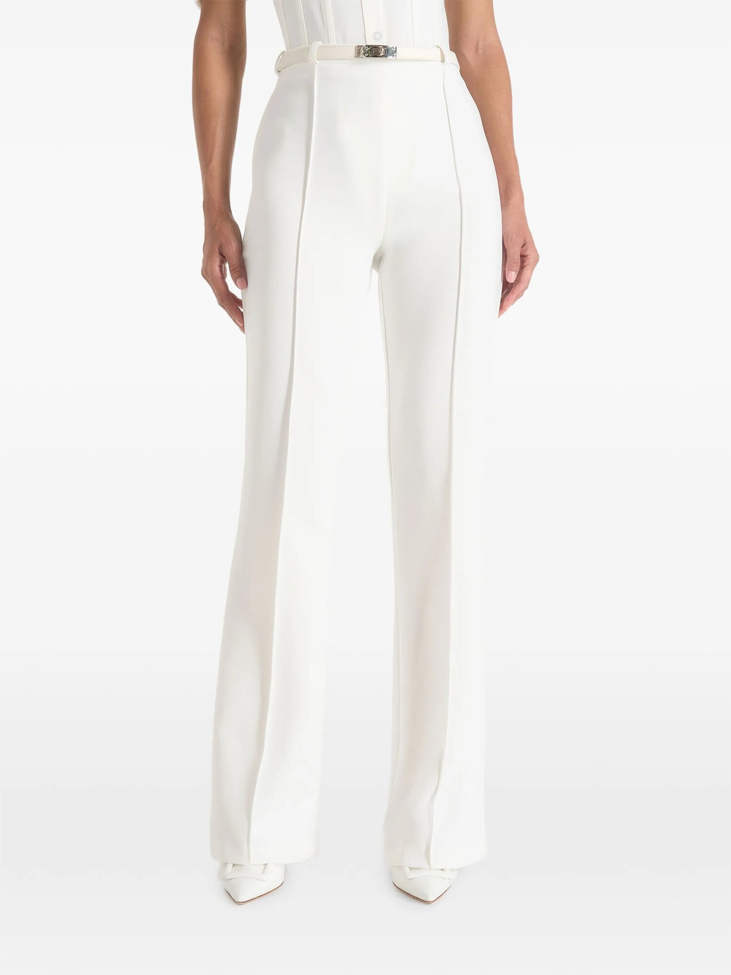 Брюки MANIERE DE VOIR Quinn in white high-waisted belted fit & flare trousers