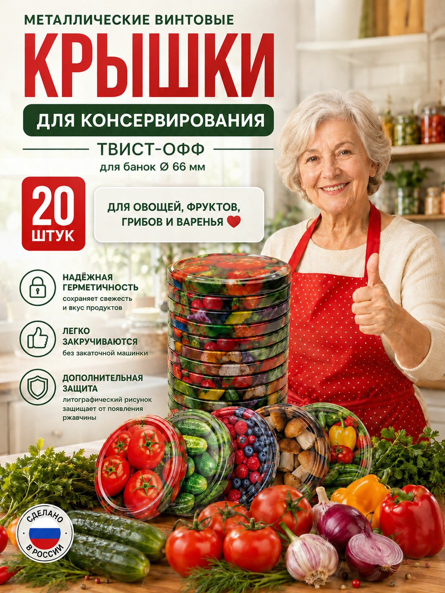 Крышки винтовые твист-офф (20 штук) КВ-01 для банок 66 мм многоразовые для консервирования и закатывания