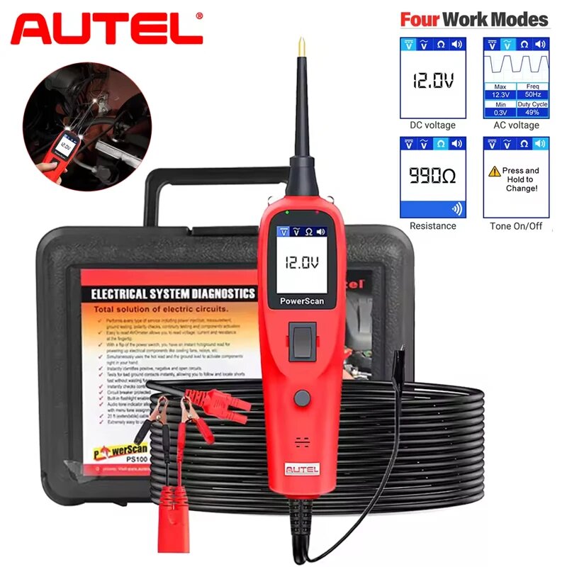 Автомобильный Тестер Autel PS100: Цифровой Вольтметр 12В/24В Для Диагностики Электрических Систем С Функцией AVO-тестера