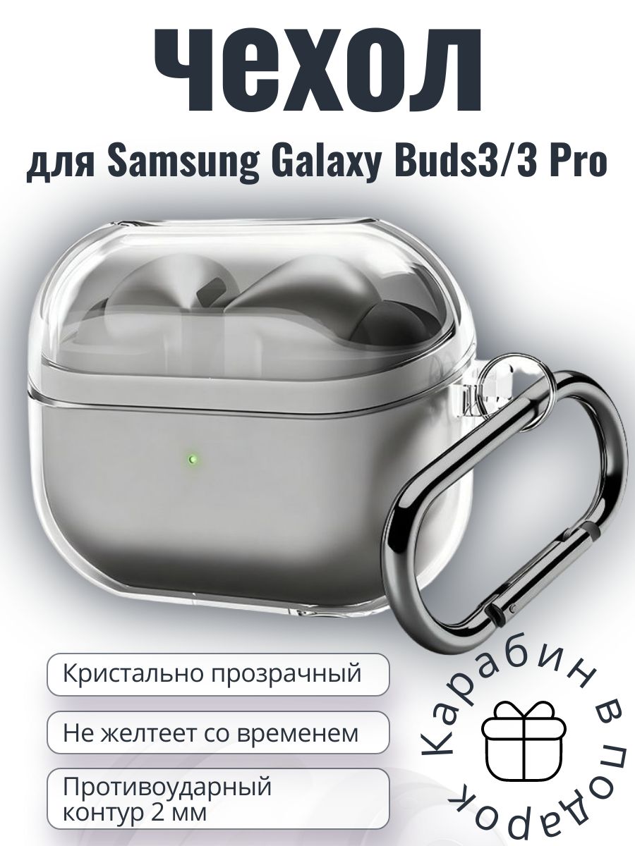 Силиконовый чехол (кейс) для наушниковSamsung Galaxy Buds3 / Buds3 Pro прозрачный с темным карабином