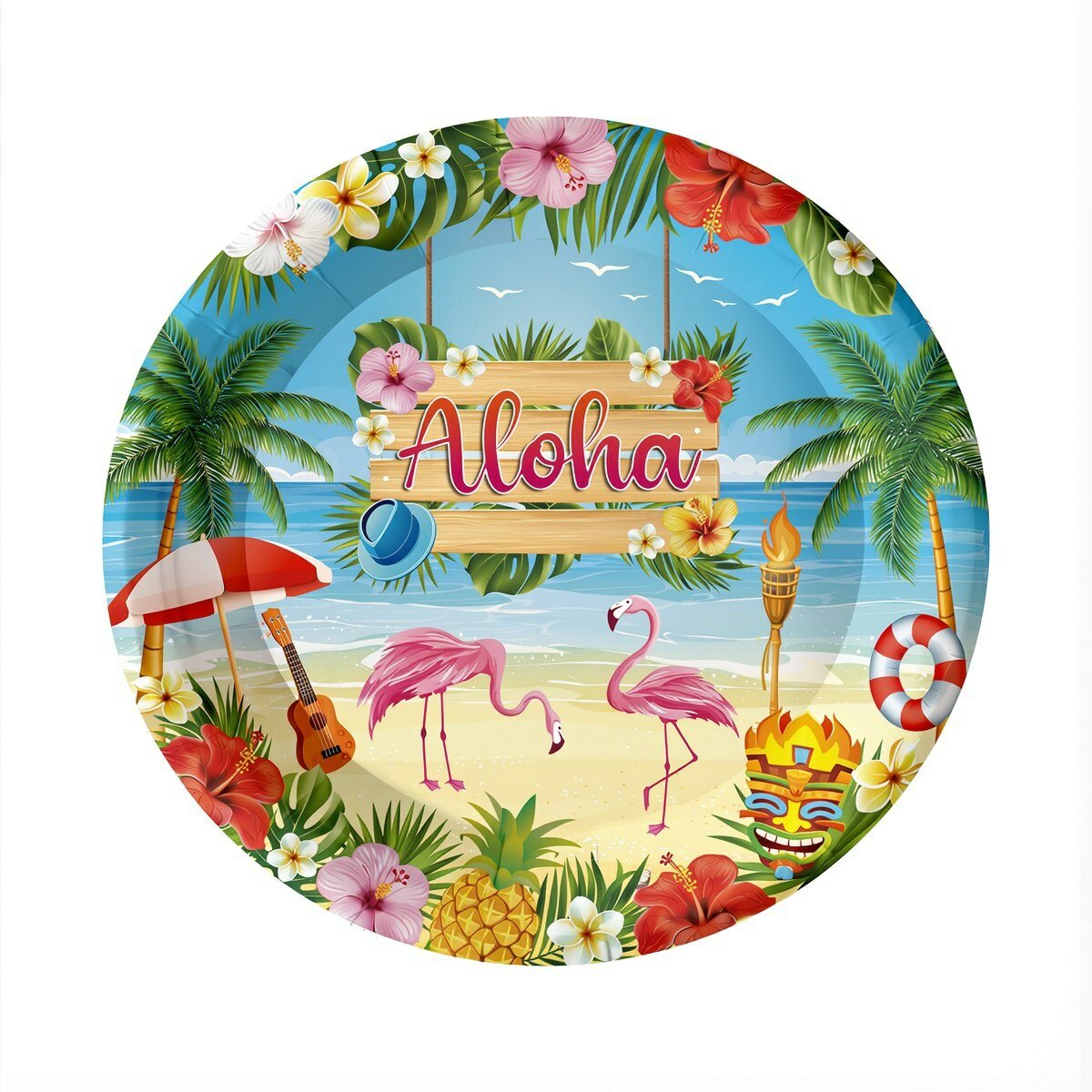 Летние пляжные аксессуары одноразовые тарелки для гавайской вечеринки Aloha 20 штук 9 дюймов тропический дизайн с фламинго для тематического праздника, Гавайская тема (тарелки 7 дюймов, 20 шт.)