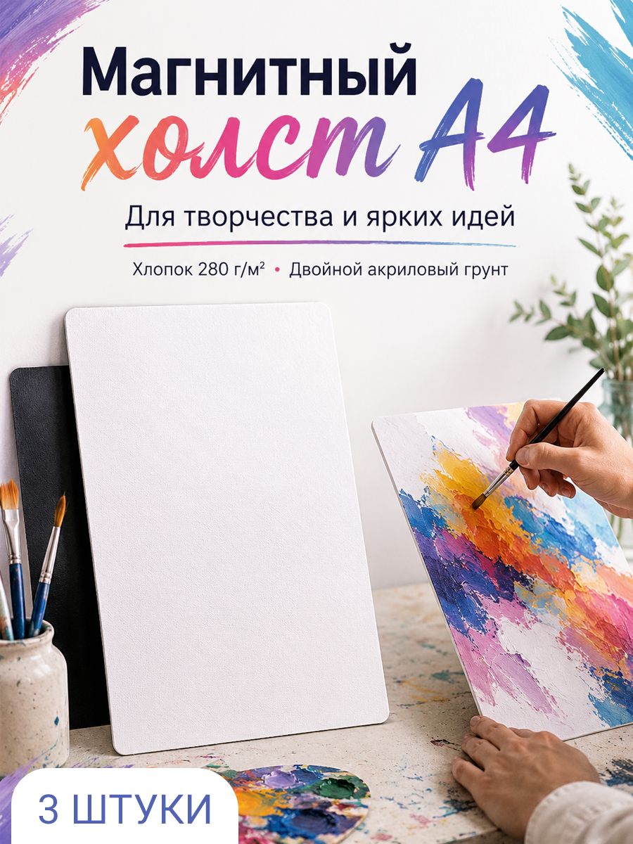 Магнитный холст А4 на ПВХ подложке, 3 шт