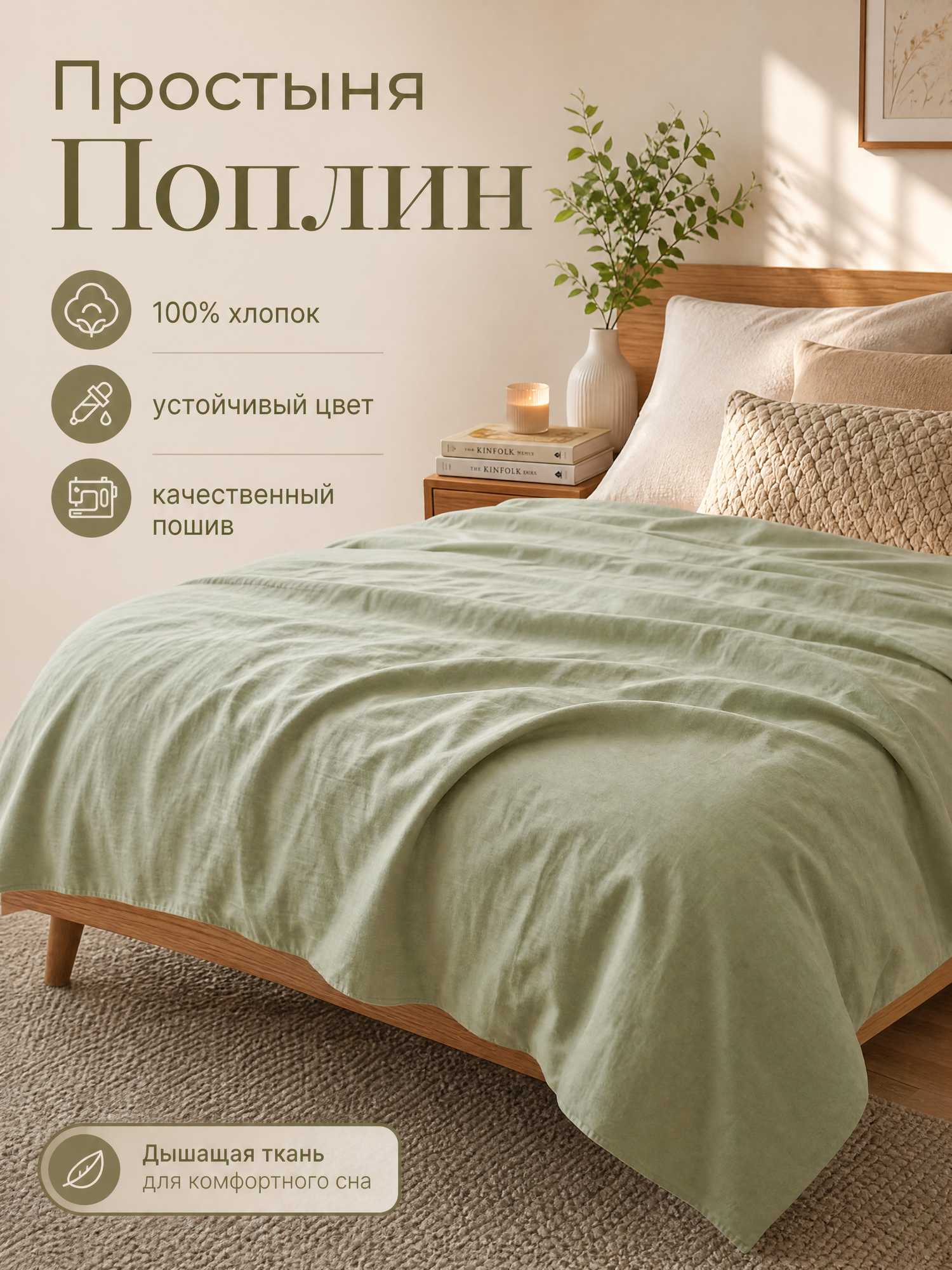 Простыня (150х220см), Поплин - хлопок 100%, "Олива"