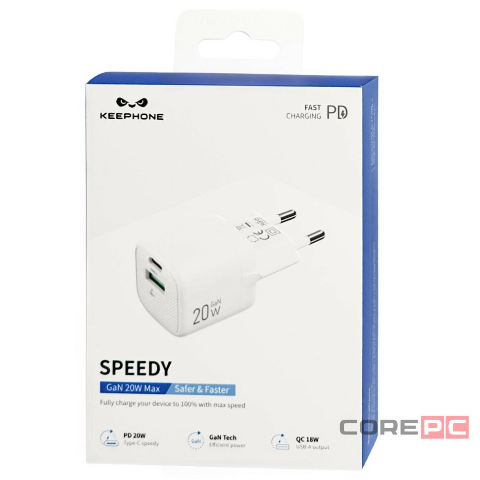 Сетевое зарядное устройство Keephone Speedy 1USB+1C Gan 20W белое