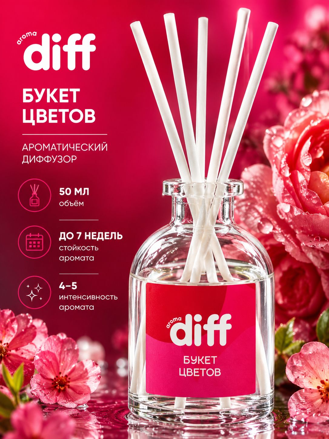 Диффузор для дома, ароматизатор с палочками DIFF с ароматом Букет цветов, 50 мл