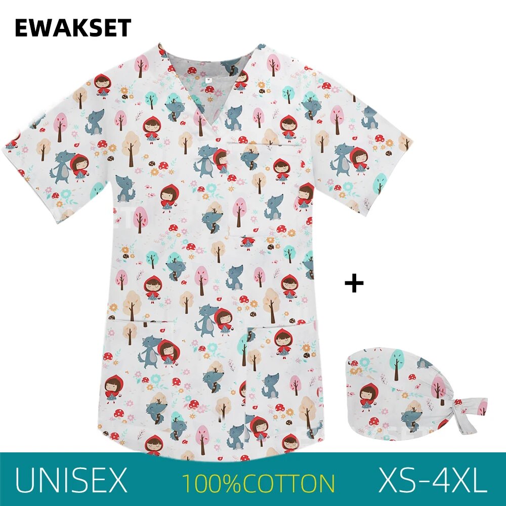 EWAKSET Женский медицинский топ с принтом принцессы M, top and cap