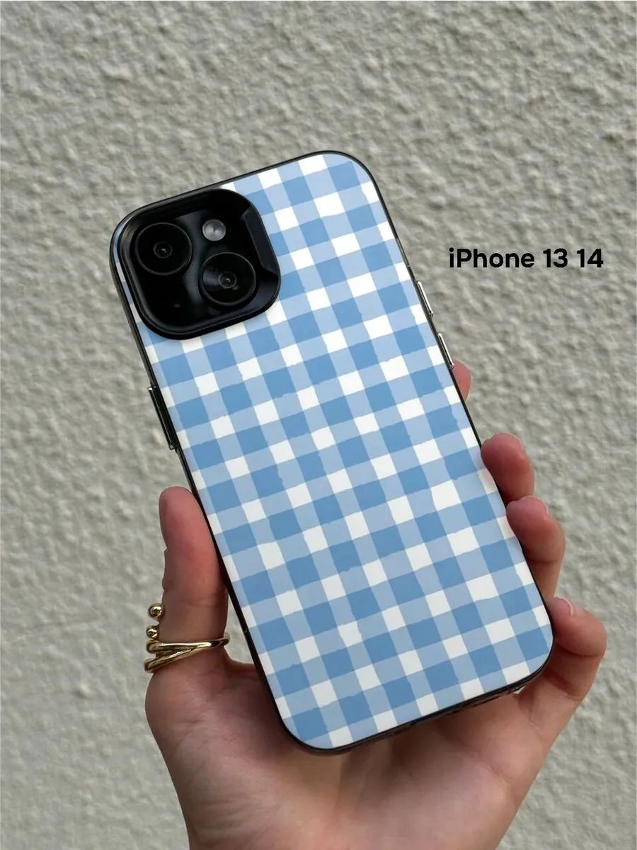 Синий чехол на iPhone 13 14 в клетку