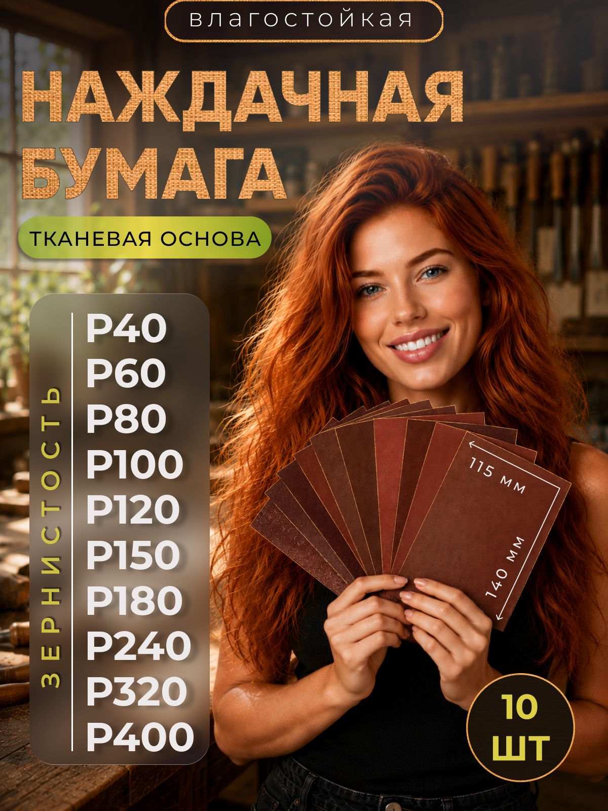 Наждачная бумага набор 115х140 Р40 Р60 P80 P100 P120 Р150 Р180 Р240 Р320 Р400 Шкурка шлифовальная , Водостойкая наждачная бумага, на тканевой основе KK19FW БАЗ 10 шт.