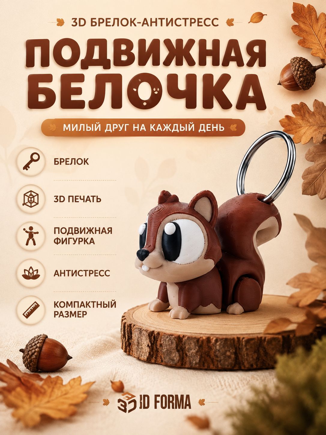 Белочка 3д игрушка-антистресс, подвижная фигурка, 3D печать, подарок