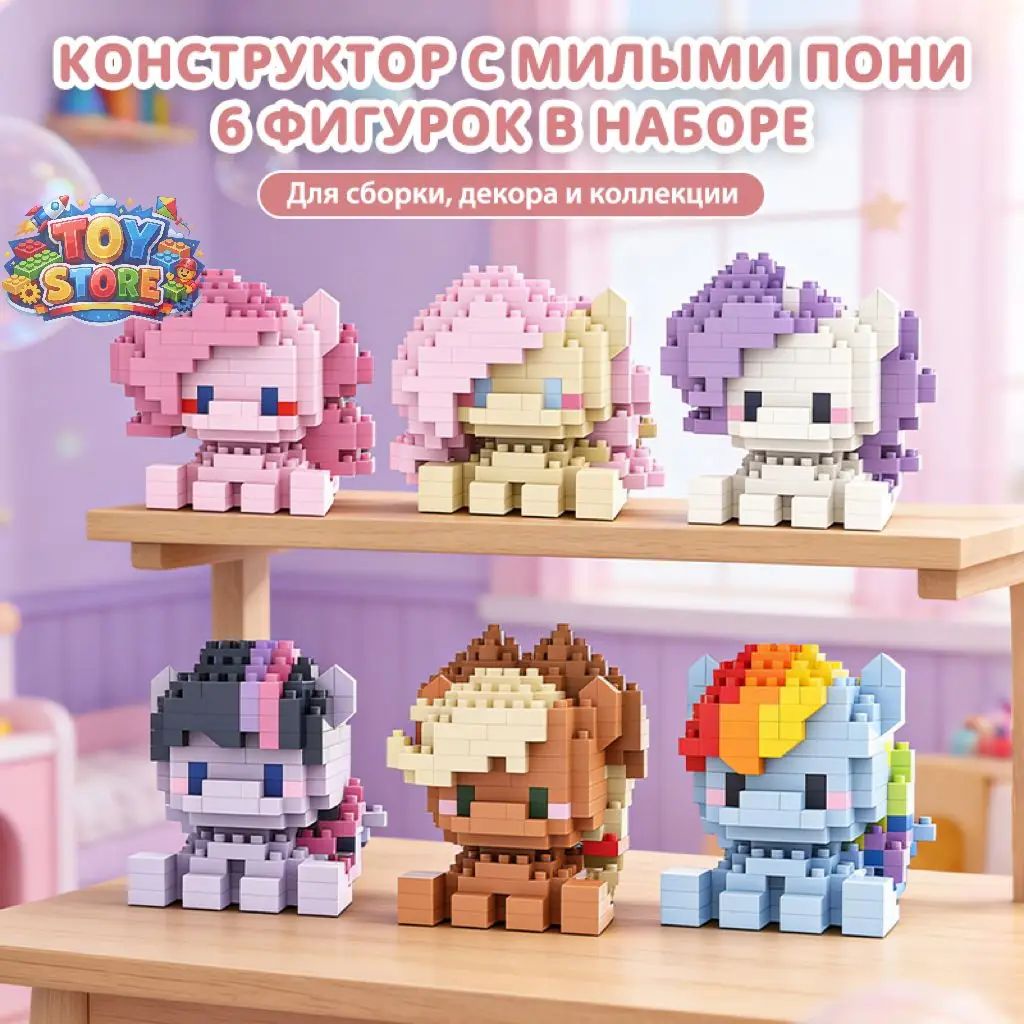 Набор мини-конструктора 6 шт, 3D фигурки из мультфильмов Little Pony для развития воображения
