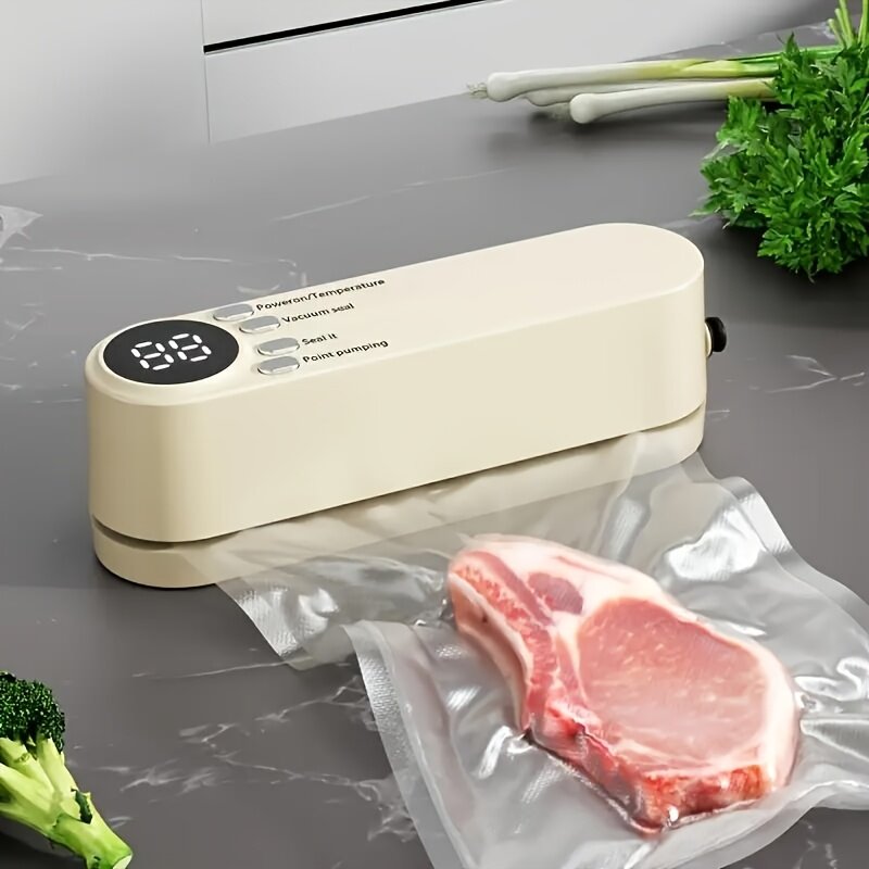 Вакууматор компактный с цифровым дисплеем, 36 В, USB-питание, в комплекте насос и герметичные пакеты, бежевый, для хранения продуктов, мяса, фруктов и овощей