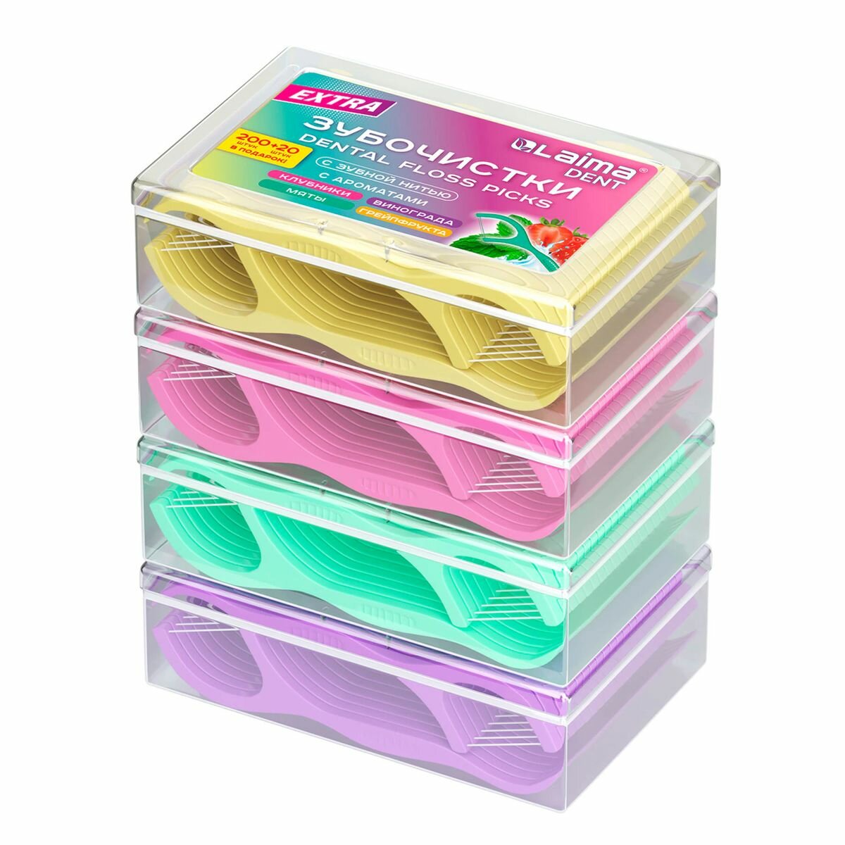 Зубочистки-флоссеры с зубной нитью Laima Dent "200шт. (4х50шт.)", вкус мяты и фруктов