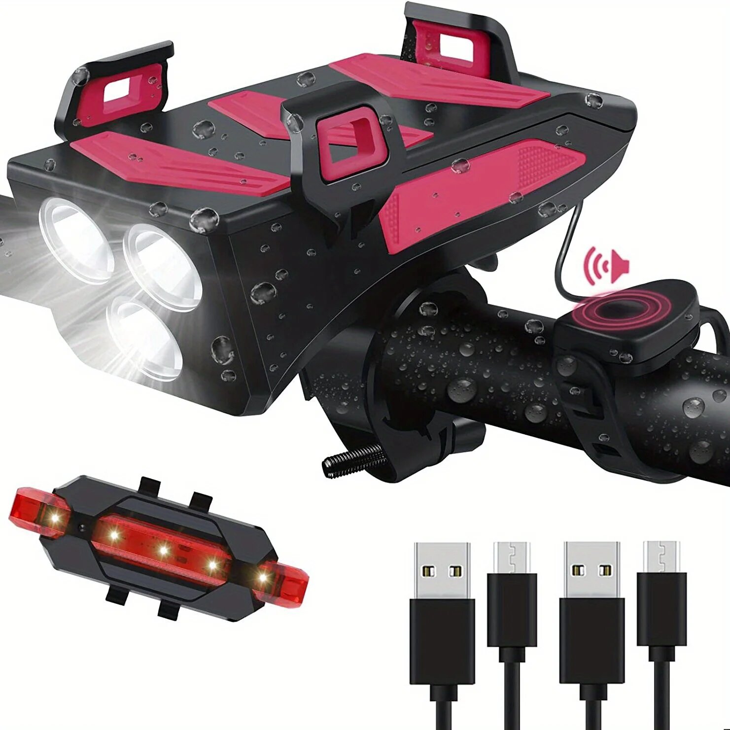 Велофонарь USB Red с держателем для телефона и звонком