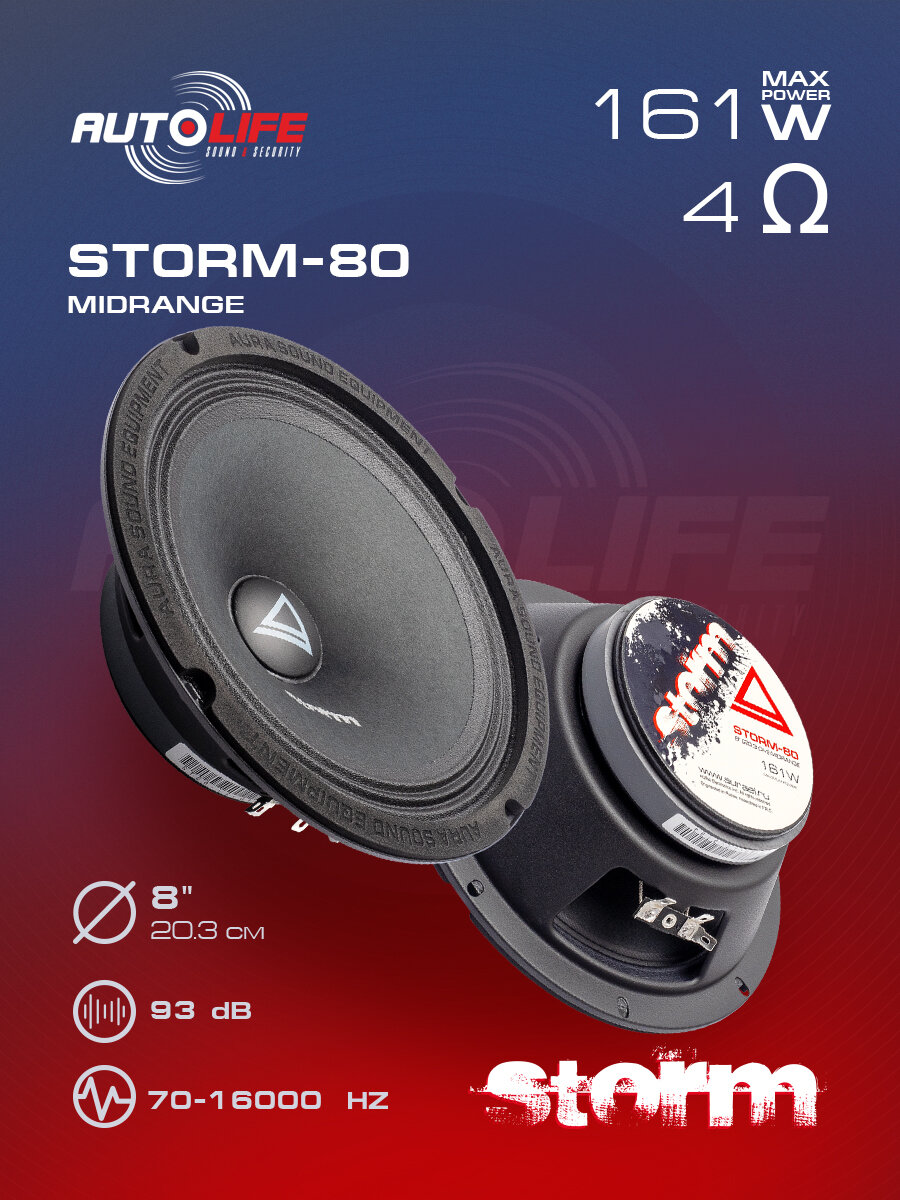 Колонки в машину AurA STORM-80 / эстрадные динамики 20 cм (8 дюймов) / 2шт.