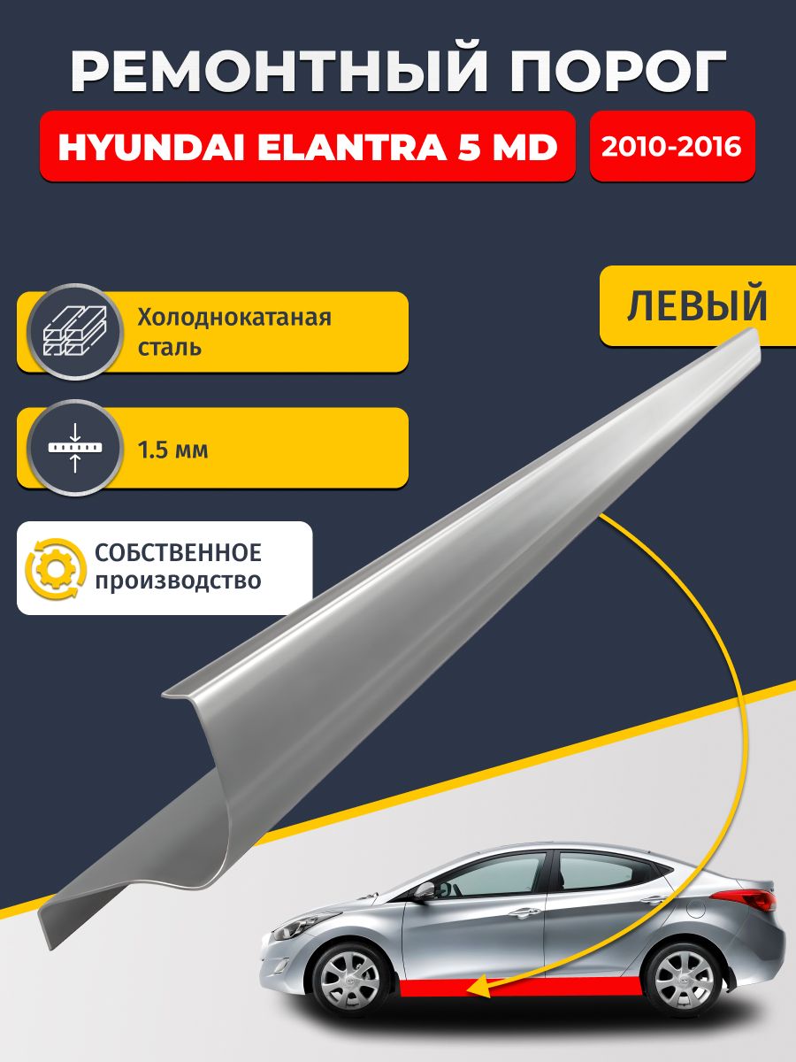 Левый ремонтный порог для Hyundai Elantra 5 MD 2010-2016 седан, холоднокатаная сталь 1.5 мм (Элантра МД), порог автомобильный, стандартный. Кузовной ремонт.