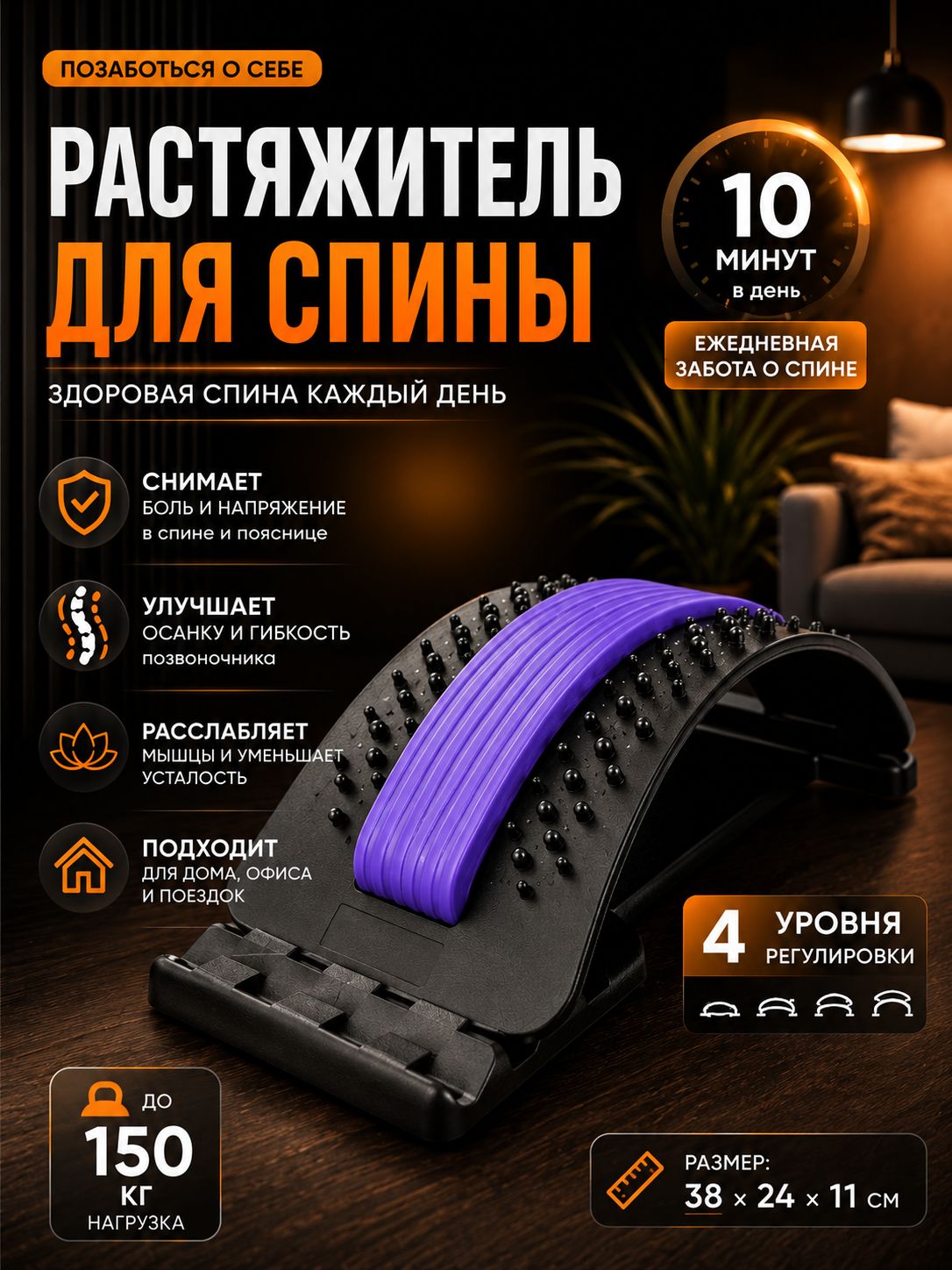 Тренажёр для спины и поясницы с магнитным массажем, корректор осанки, устройство для растяжки позвоночника, 3 уровня регулировки, 1 шт.