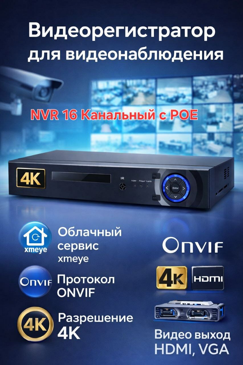 IP POE Видеорегистратор NVR POE 16CH 4K до 8МП со встроенным poe коммутатором