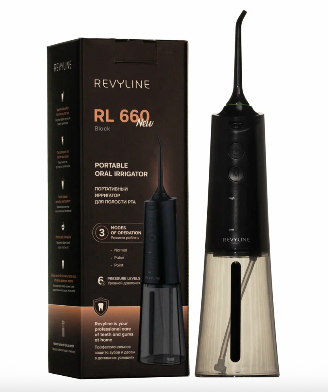 Ирригатор Revyline RL660, импульсный, 2 режима, 3 насадки, черный