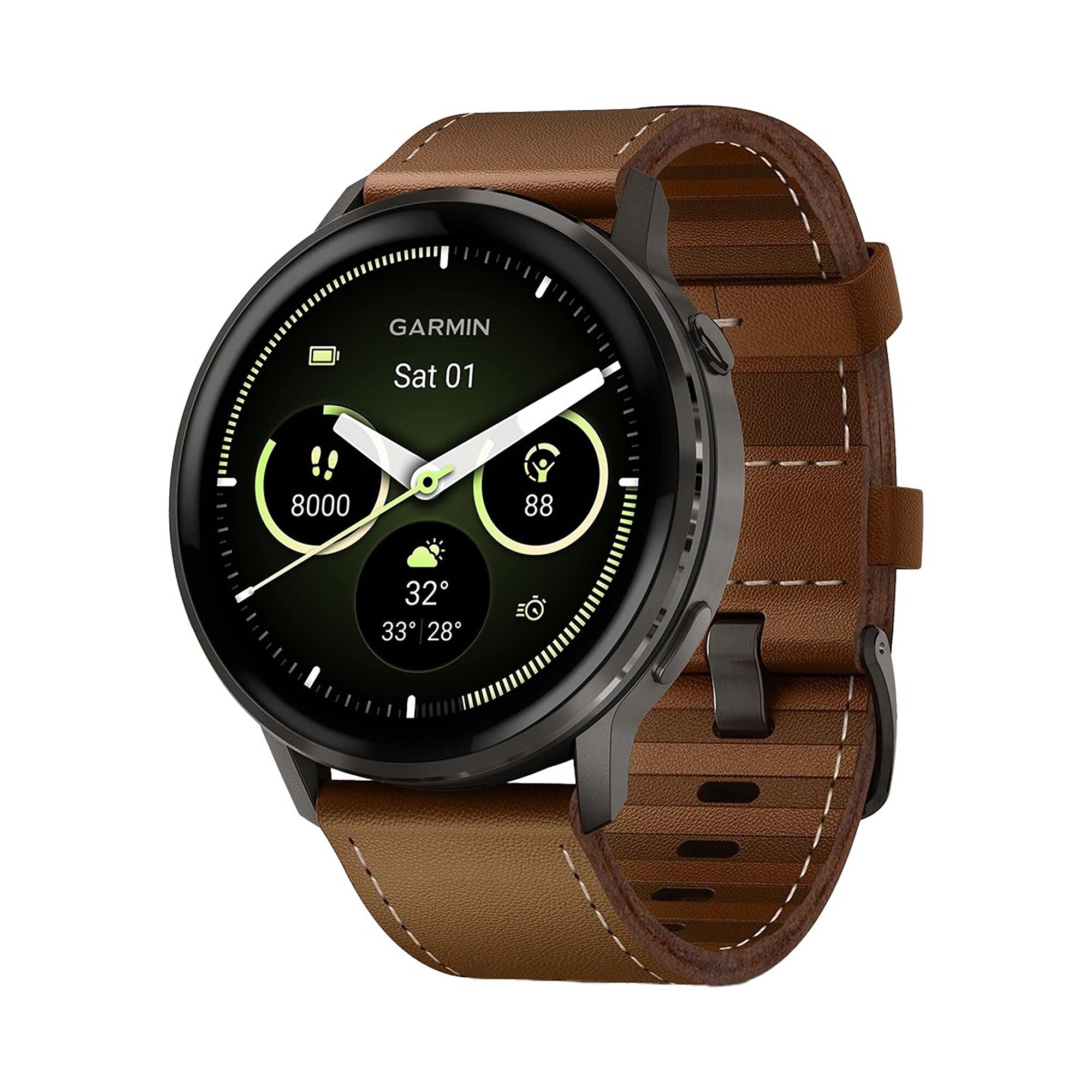Смарт-часы Garmin Venu 4 45mm, корпус «угольно-серого» цвета, с черным силиконовым и коричневым кожаным ремешком