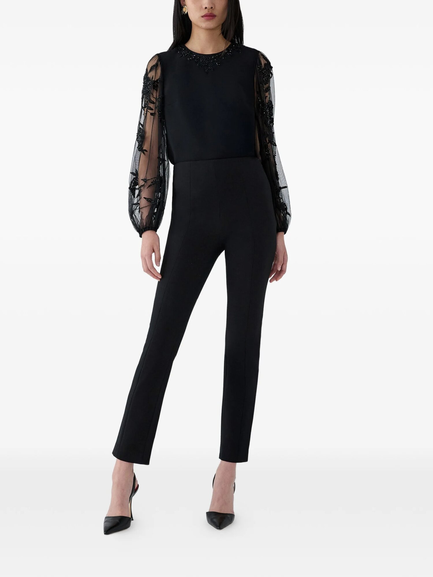 Топ CAROLINA HERRERA Embroidered puff-sleeve top, размер 4, black/black — фото 1