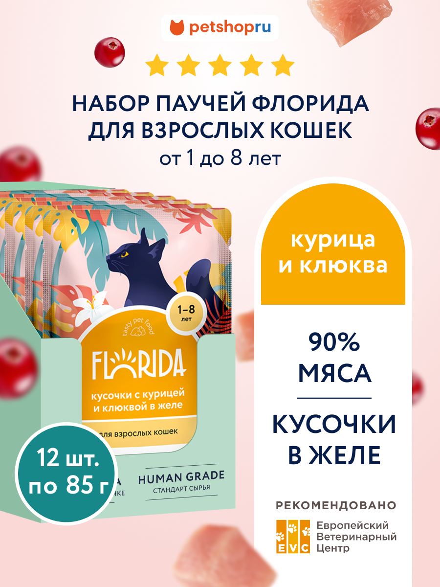 FLORIDA Паучи для кошек, влажный корм для взрослых кошек, кусочки с курицей и клюквой в желе, набор 12 шт