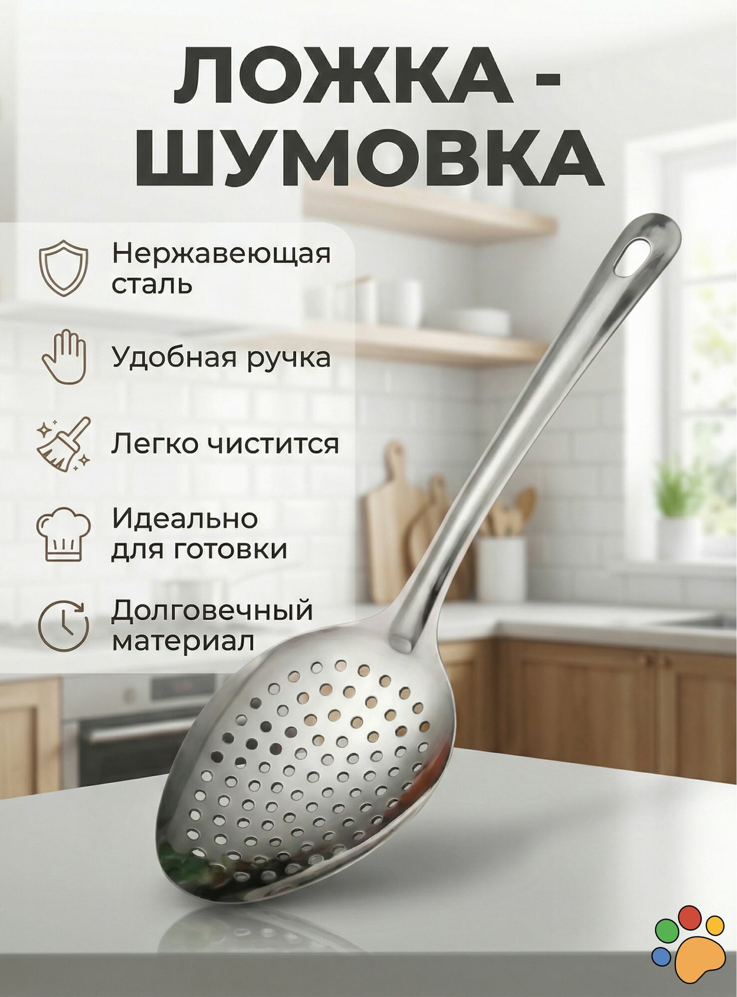 Шумовка ложка, нержавеющая сталь, серебристая, 20,5 x 4,5 см