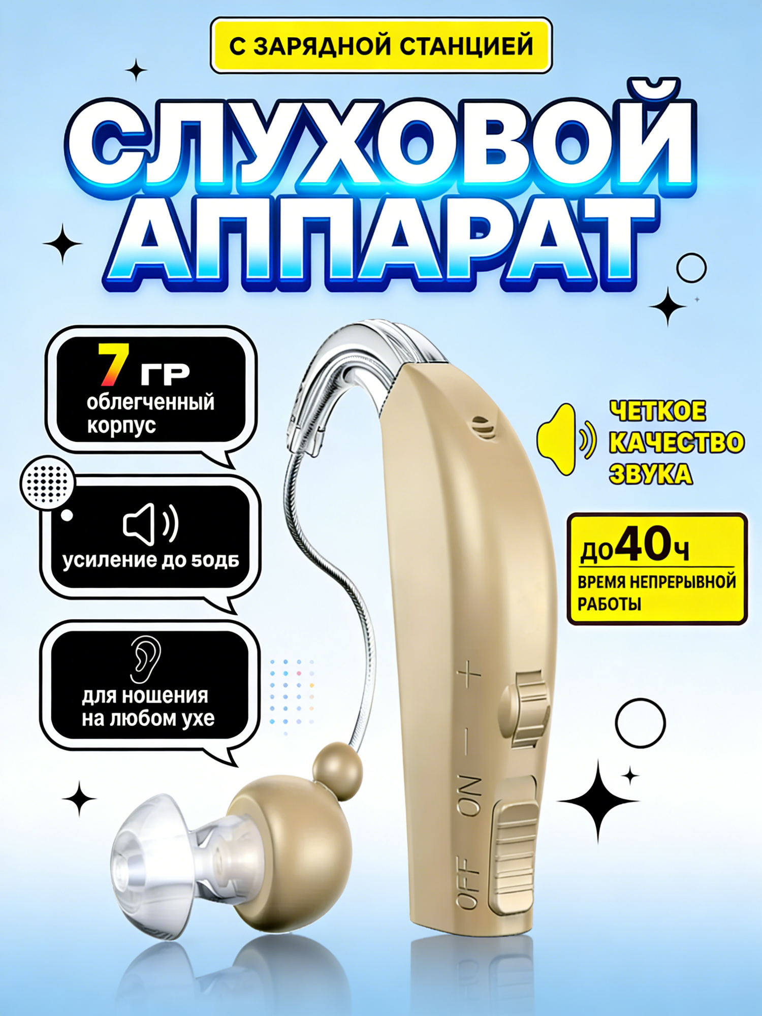 Слуховой аппарат, усиление звука до 30Х, влагозащита, мягкие амбушюры