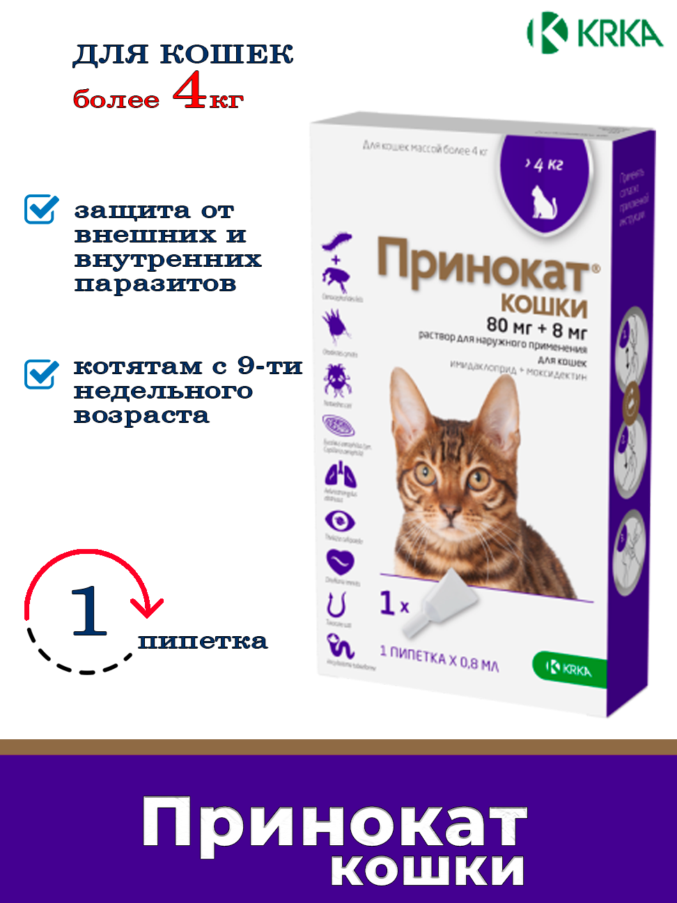 Принокат для кошек более 4 кг, 80/8мг, 0,8мл капли против блох