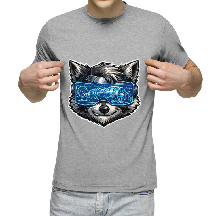 Мужская футболка «Кибер-Волк Техно-Визор - Cyber Wolf» (серый меланж, XL)